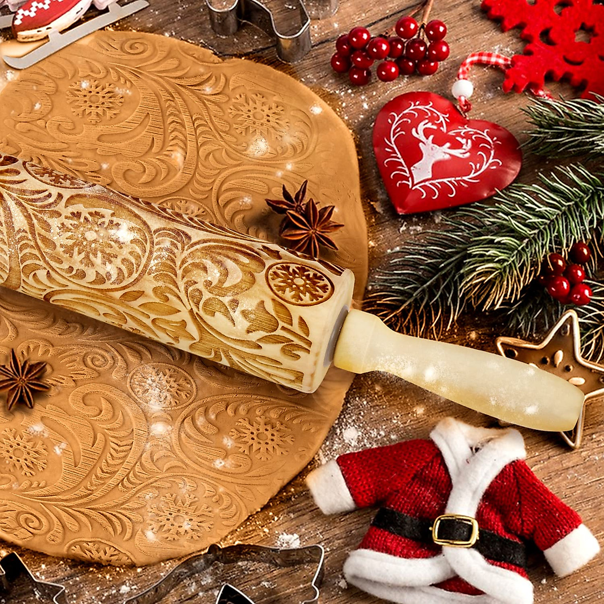 Wooden Engraved Rolling Pin with Christmas Snowflake Designs - For Baking Cookies and Decor