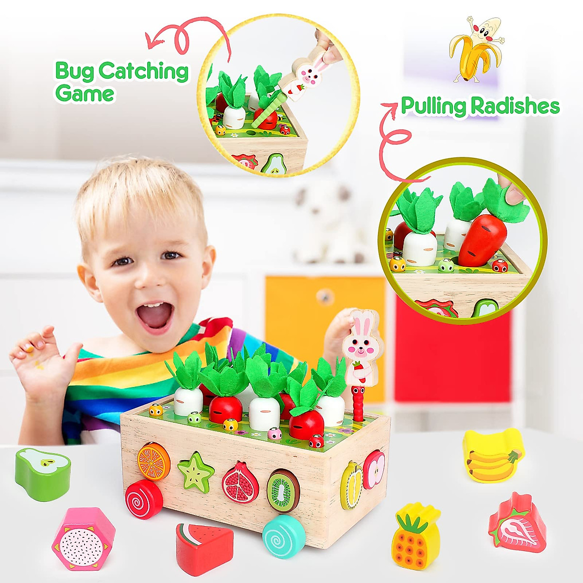 INSOON Montessori Toys for 1 2 3 4 Year Old Boy Girl,Wooden Educational Toy Multifunctional Orchard Car Toys Catching Worm Shape Sorting Carrot Harvest Learning Toys Gifts for Toddlers