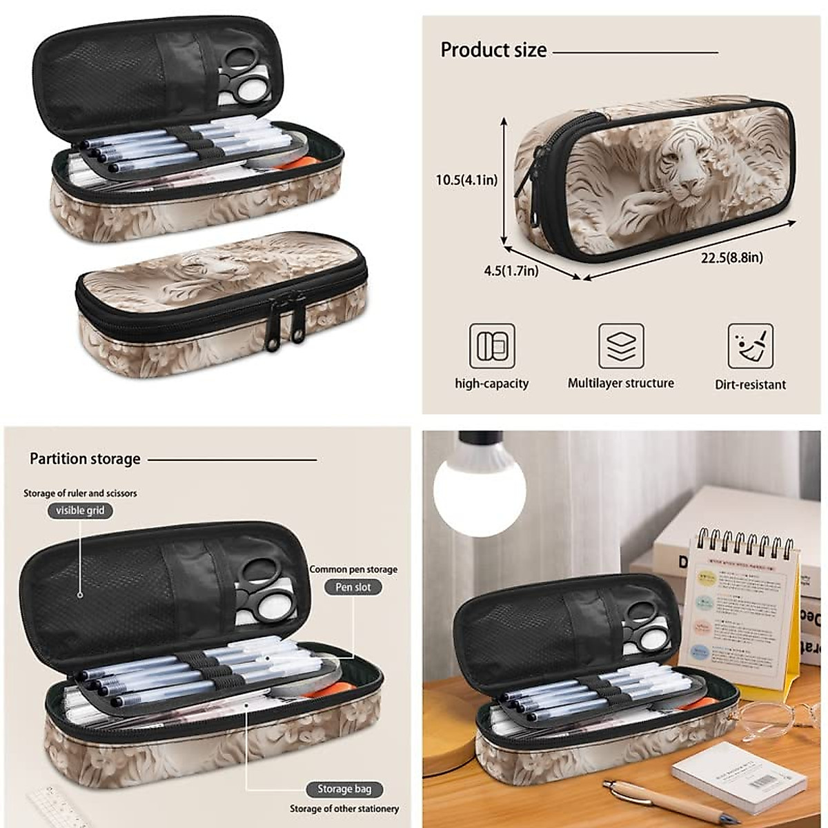 Semiouray White Tiger Floral Print Knapsack 3 Piece Backpack for Girls-Boys Retro Art Paper Sculpture Tiger Middle-School Elementary Bookbags with Lunch Kits & Pencil Bag