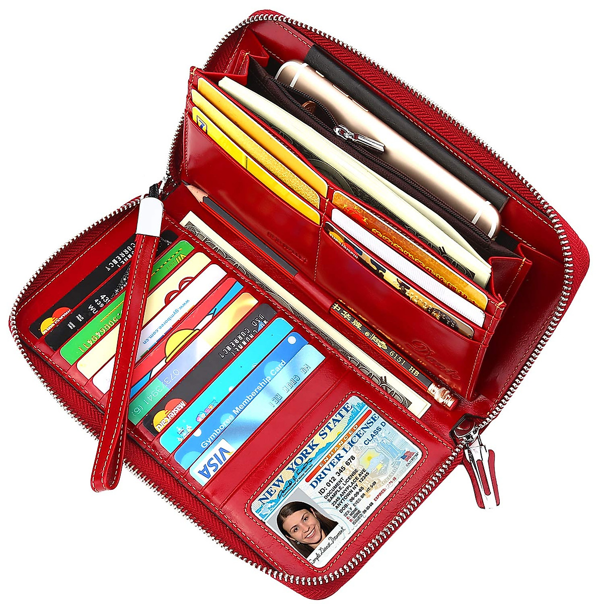 Lavemi Women's RFID Blocking 100% Leather Large Capacity Zip Around Wallet Phone Holder Clutch Travel Purse Wristlet(Large Size Red)