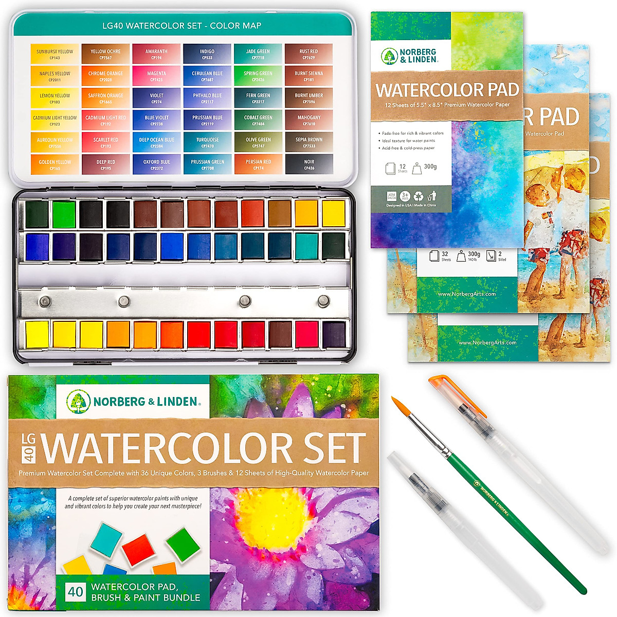 Watercolor Paint set 36 Premium Paints-12 Page pad - 6 Brushes Bundle with 2 Pack Sketch Pad