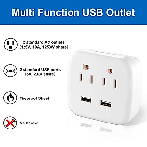 Multi Plug Outlet Splitter with USB, 2 Electrical Multiple Outlet Extender with 2 USB Wall Charger for Travel, Home, Office (Non Surge Protection)