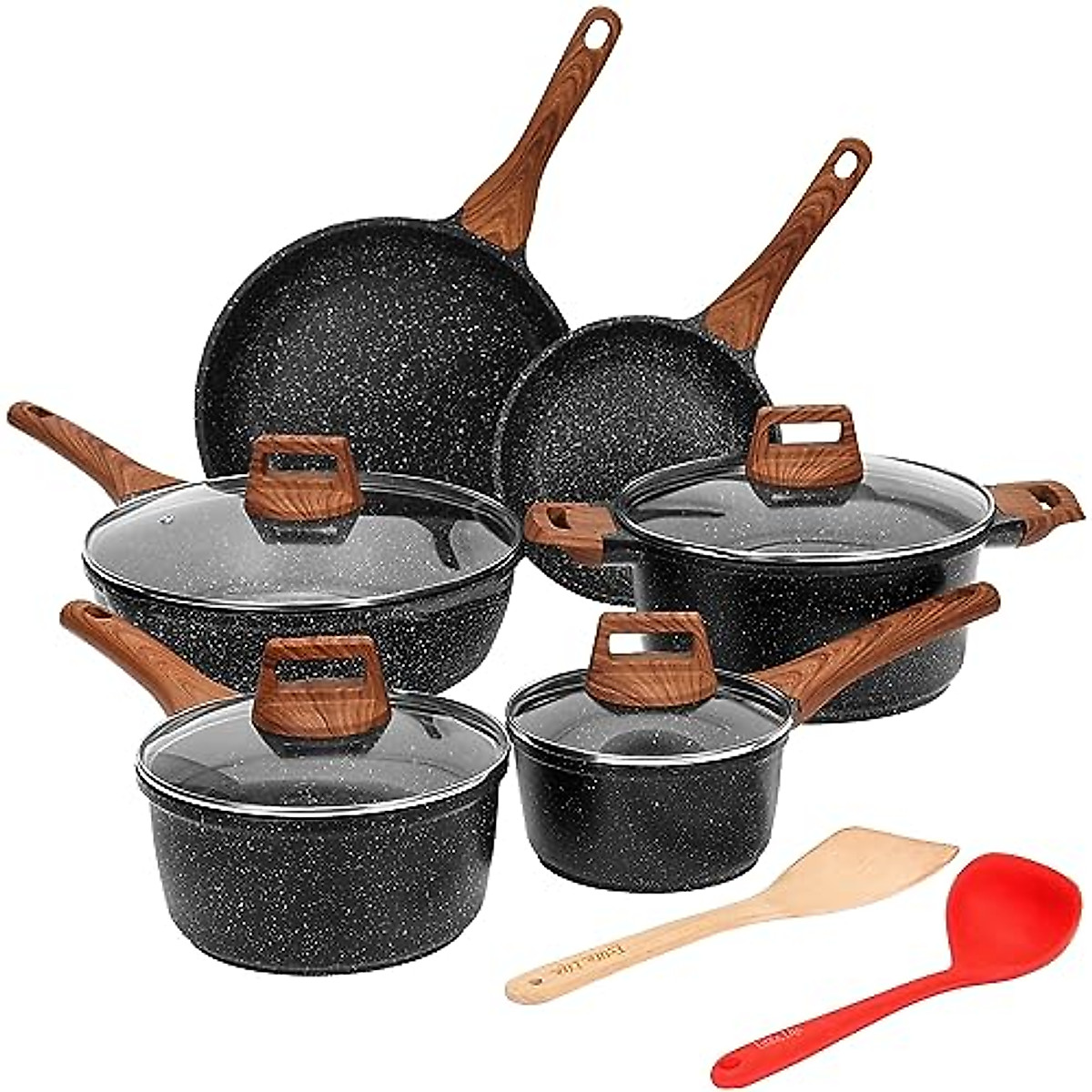 ESLITE LIFE Nonstick Cookware Sets, 12 Pcs Granite Coating Pots and Pans Set Kitchen Cooking Set, Compatible with All Stovetops (Gas, Electric & Induction), PFOA Free