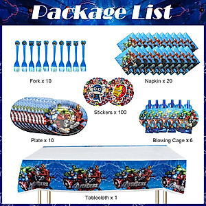 Superhero Party Decorations, Superhero Birthday Party Supplies, Superhero Blue Theme Decorations - Includes Superhero Plates and Napkins, Tablecloths, Banners, Balloons, Stickers.-189 Pcs