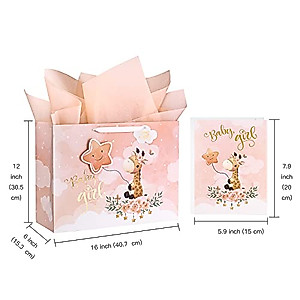 WRAPAHOLIC 16" Extra Large Baby Girl Gift Bag with Card and Tissue Paper - For Baby Shower, New Baby