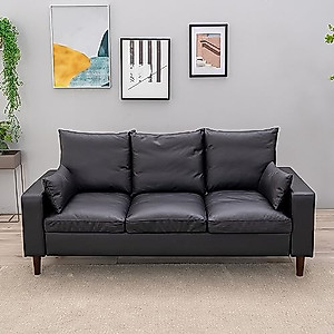 Panana Couch 3 Seater Loveseat Sofa with Storage Pockets for Living Room, Upholstered Faux Leather Sofa with 2 Pillows, Cushion Back Sofa for Bedroom, Home Office, Apartment
