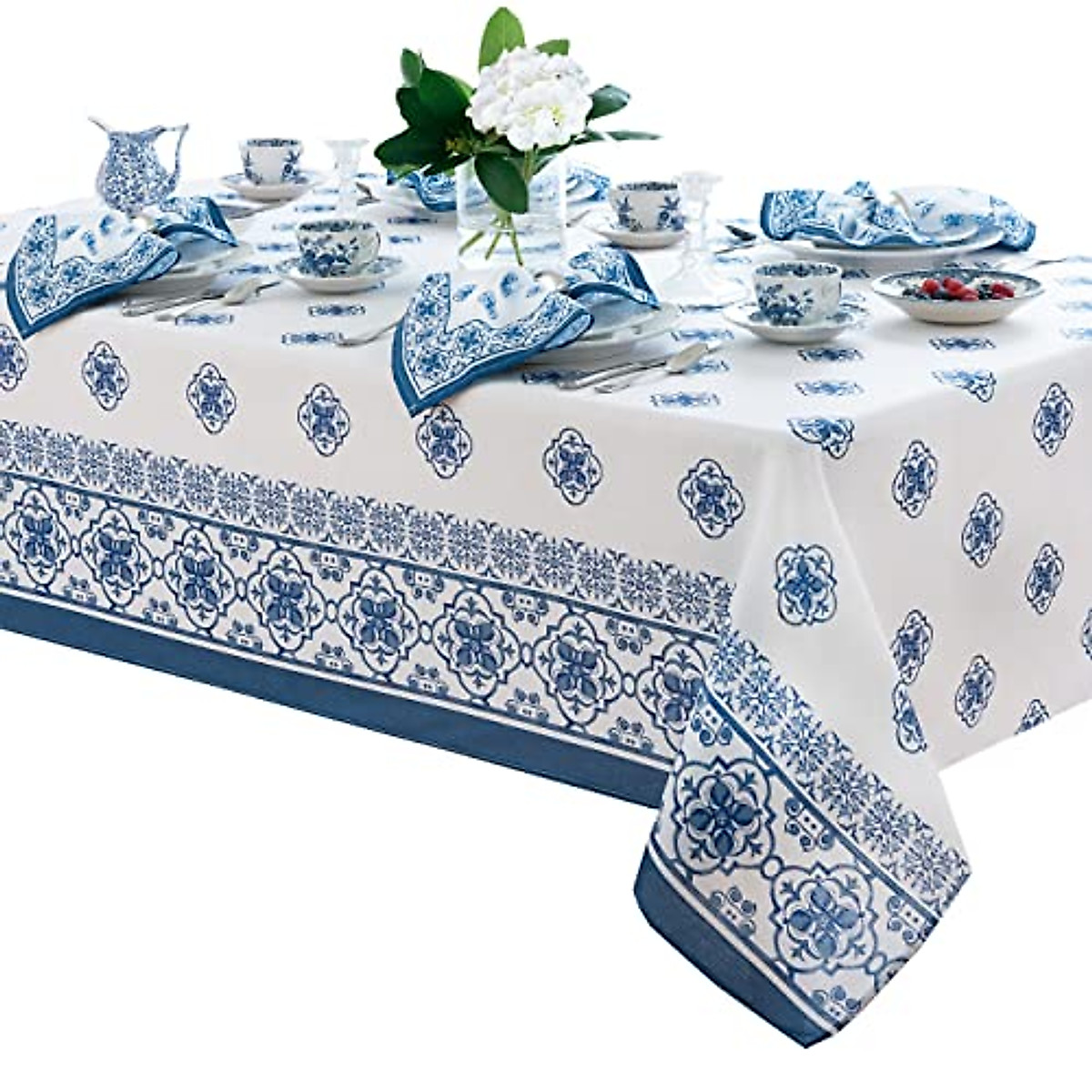 Newbridge Mykonos Blue Mediterranean Tile Bordered Fabric Tablecloth - Blue Medallion Print Indoor/Outdoor, Stain Resistant, No-Iron Tablecloth, 52 Inch x 70 Inch Oblong/Rectangle