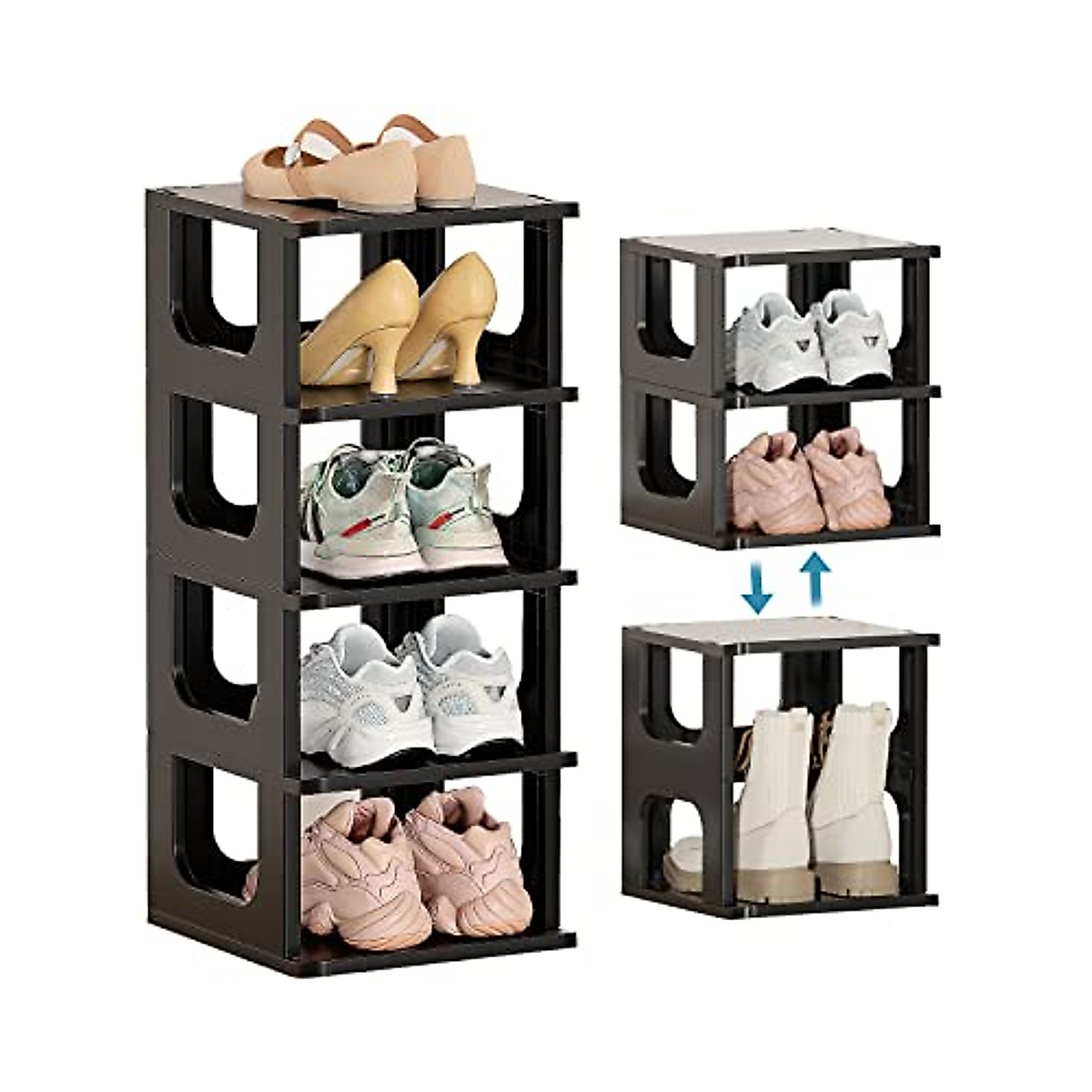 Shoe Organizer Shoe Rack for Small Spaces 5 Tier Plastic Vertical Narrow Shoe Shelves for Closet Black Shoe Holder, Stand For Entryway Shoe Storage Boots Organizer Stackable Shoe Cabinet