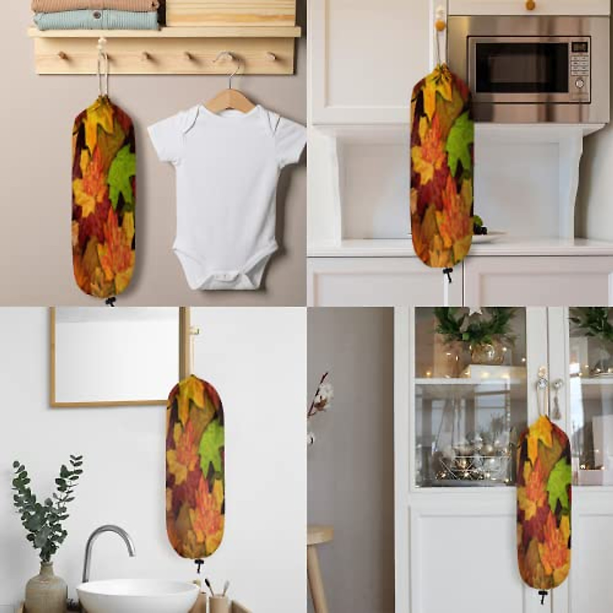 Plastic Bag Holder Autumn Maple Leaves Pattern Grocery Bag Organizer Hanging Kitchen Plastic Bag Storage/Garbage Shopping Bag Trash Bags Dispenser for Farmhouse Kitchen Home Decor