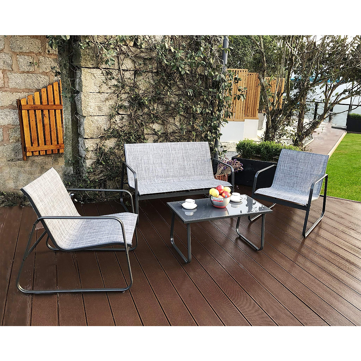 Kozyard Sofia 4 Pieces Outdoor Patio Furniture Conversation Set with Strong Powder Coated Metal Frame, One Love Seat, Two Single Chairs and One Table for Front Porch Balcony Backyad (Gray)