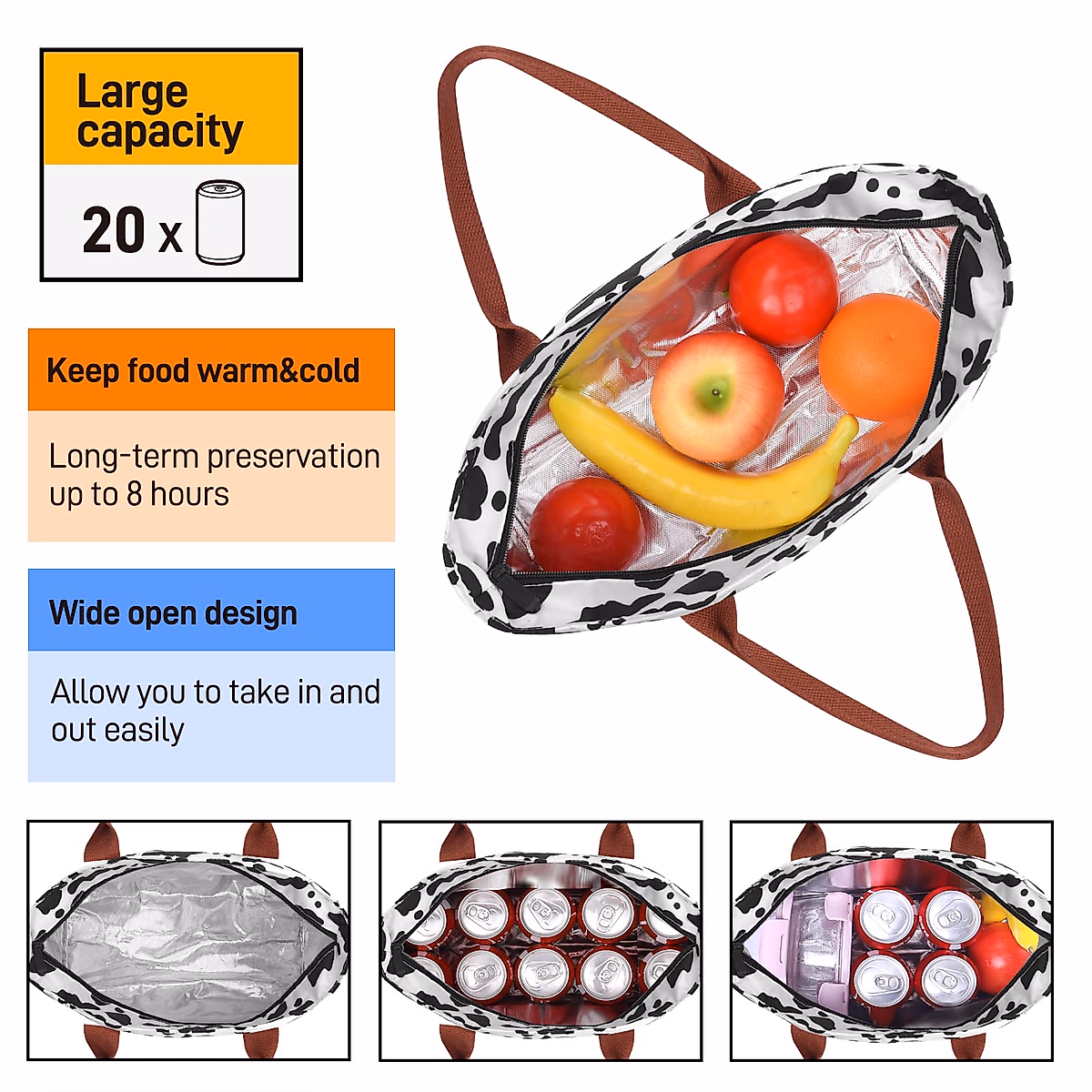 HOMESPON Fashionable Tote Reusable Insulated Lunch Bag Cooler Box with Pockets for Woman Man Work Shopping or Travel(Cow)