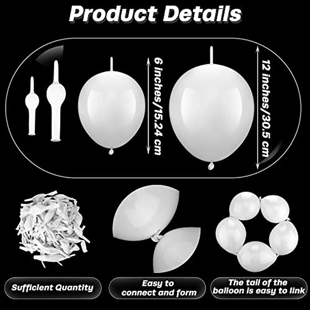 Charnoel 120 Pcs White Link Balloons, 12 Inches and 6 Inches Needle Tail Balloons Quick Linkable Balloon Latex Linking Balloons for Birthday Party Wedding Anniversary Graduation Arch Decorations