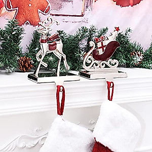 Christmas Stocking Holders for Mantle Set,Silver Christmas Stocking Hangers for Fireplace ,Deer and Sleigh Mantel Hanger Hooks for Stocking Hanging Ornament Firepiece Xmas Decor (Reindeer and Sleigh)