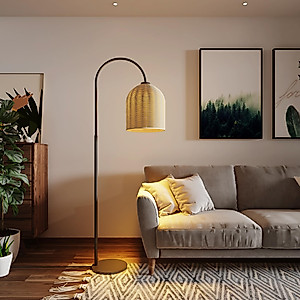 Rattan Floor Lamp, 63in. boho floor lamp with Natural Rattan Shade, Rustic Arc Standing Lamp for Coastal, Beach or Bohemian Style Decor, E26 Socket, On/Off Footswitch Lamp for living room, Bedroom