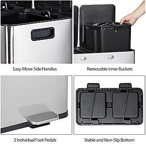 SUPER DEAL Kitchen Trash Can 16 Gallon 60L Dual Stainless Steel Garbage and Recycling Can with Foot Pedal for Kitchen, Living Room, Office, Removable Inner Buckets Soft Close Lid Odor Proof, Silver