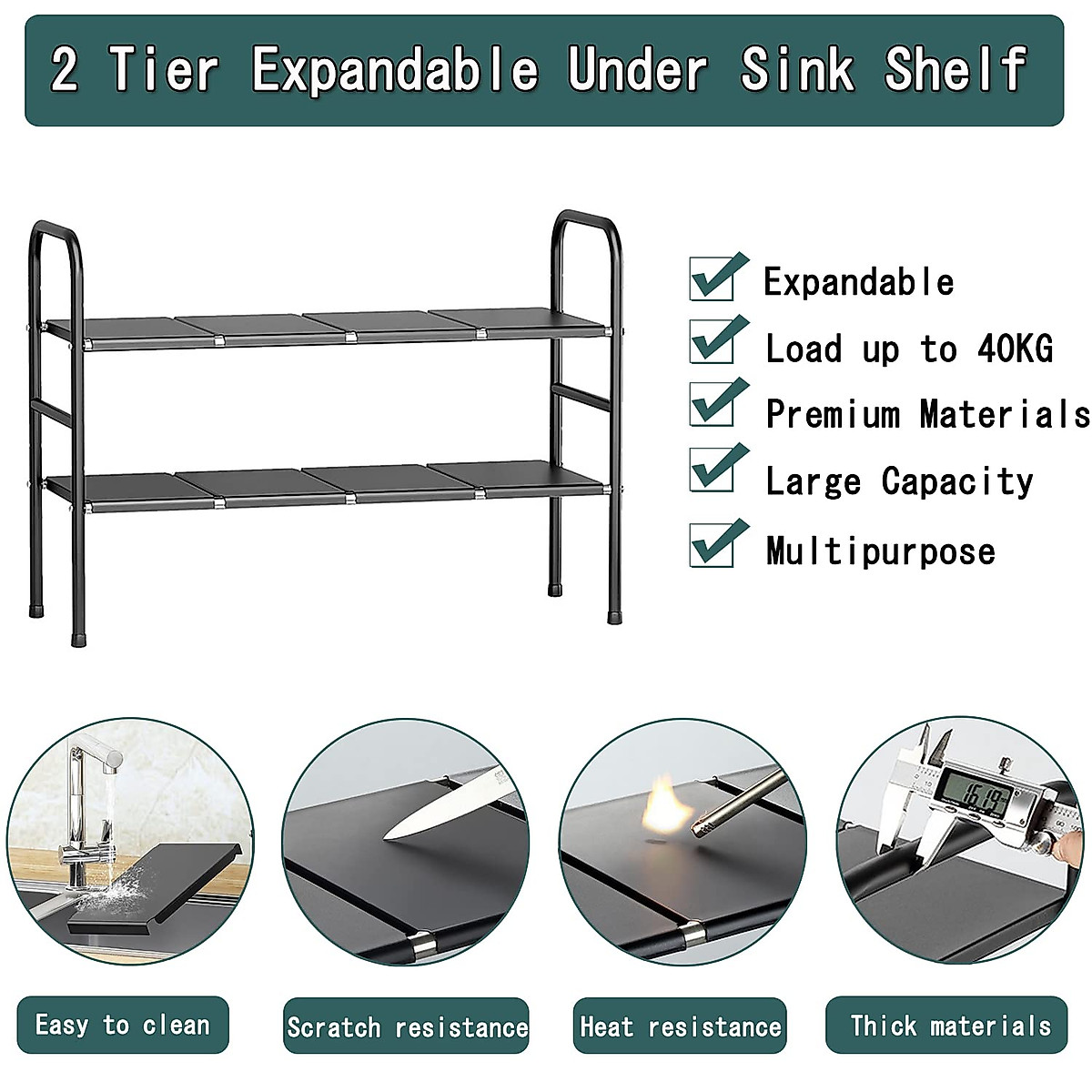 Under Sink Cabinet Shelf Organizer, Expandable Metal Under Sink Rack Storage with 8 Removable Panels for Kitchen Bathroom, 2 Tiers, White