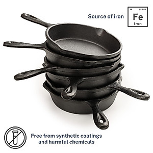 KUHA Mini Cast Iron Skillets 4” - 6-Pack of Pre-Seasoned Miniature Skillets - with 6 Small Silicone Trivets and Cast Iron Scraper