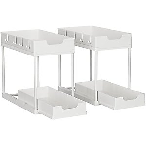 YFXCVSL 2-PACK Pull-Out Under Sink Organizer Double Sliding, 2 Tiers Under Bathroom Cabinet Organization, Kitchen Storage Shelf with Hooks, Sink Organizer, 14.41 “(H) * 8.7 “(W) * 15.6“(L), White