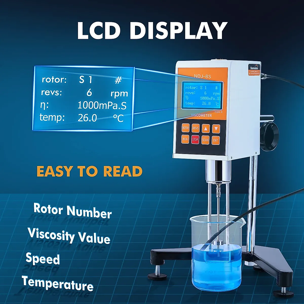 Bonvoisin Digital Rotary Viscometer 10-2,000,000mPa.S Digital Lab Rotational Viscosity Meter with 4 Rotors and Temperature Probe 110-240V(NDJ-8S)
