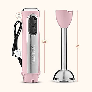 Powerful Immersion Blender, Electric Hand Blender 500 Watt with Turbo Mode, Detachable Base. Handheld Kitchen Blender Stick for Soup, Smoothie, Puree, Baby Food, 304 Stainless Steel Blades (Pink)