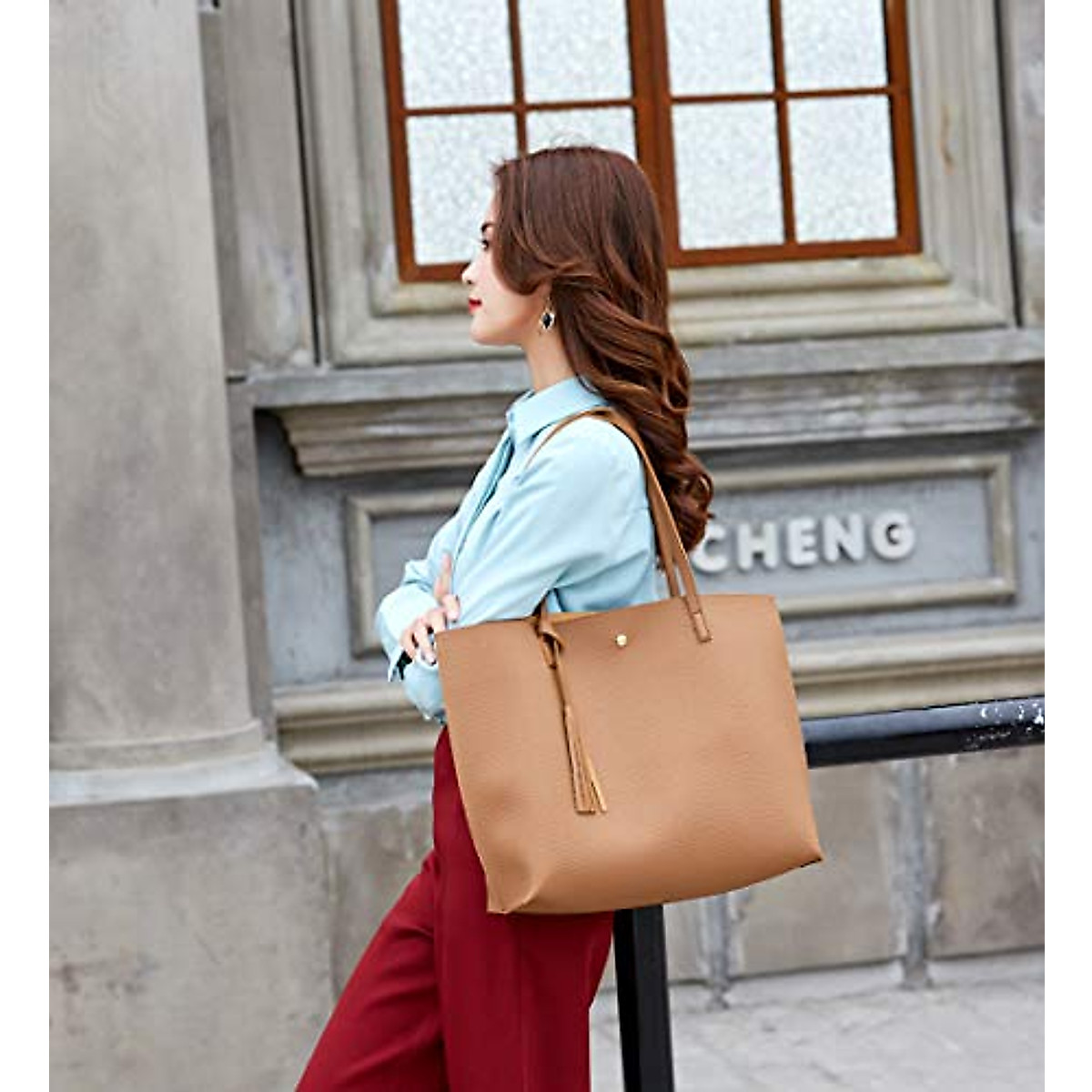 Dreubea Women's Soft Faux Leather Tote Shoulder Bag from, Big Capacity Tassel Handbag Raw Umber