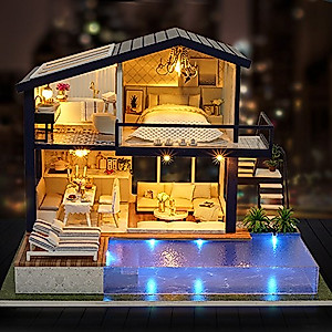 CUTEROOM Dollhouse Miniature with Furniture, 3D Wooden Miniature Doll House with Music Box & LED Lights,1:24 Scale DIY House Kit (A066)