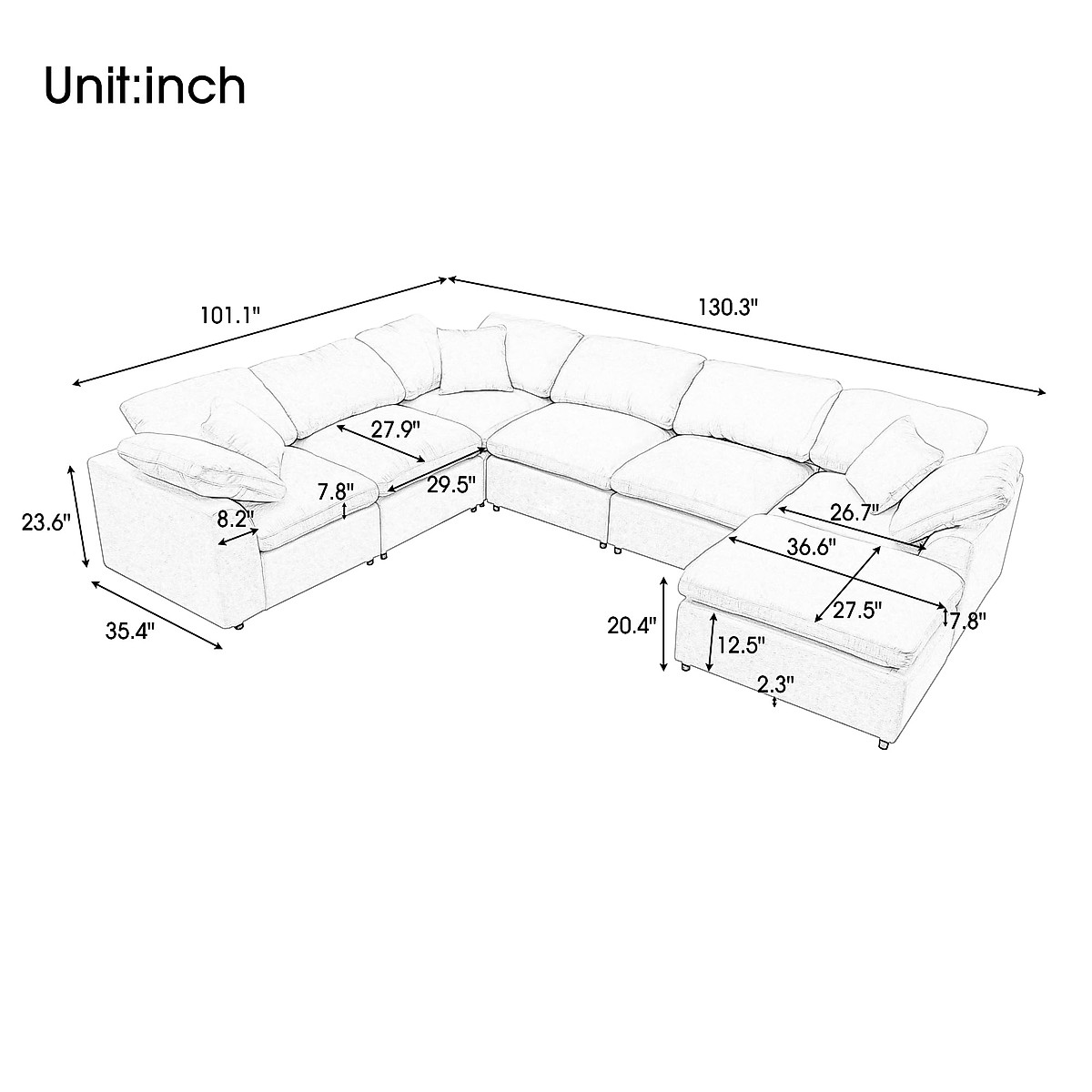 WILLIAMSPACE 130.2" Oversized Beige Sectional Couch Sofa for Living Room, Modular Upholstered Sofa Couch with Ottoman, L Shaped Corner Sectional with 5 Pillows for Spacious Space (Beige)