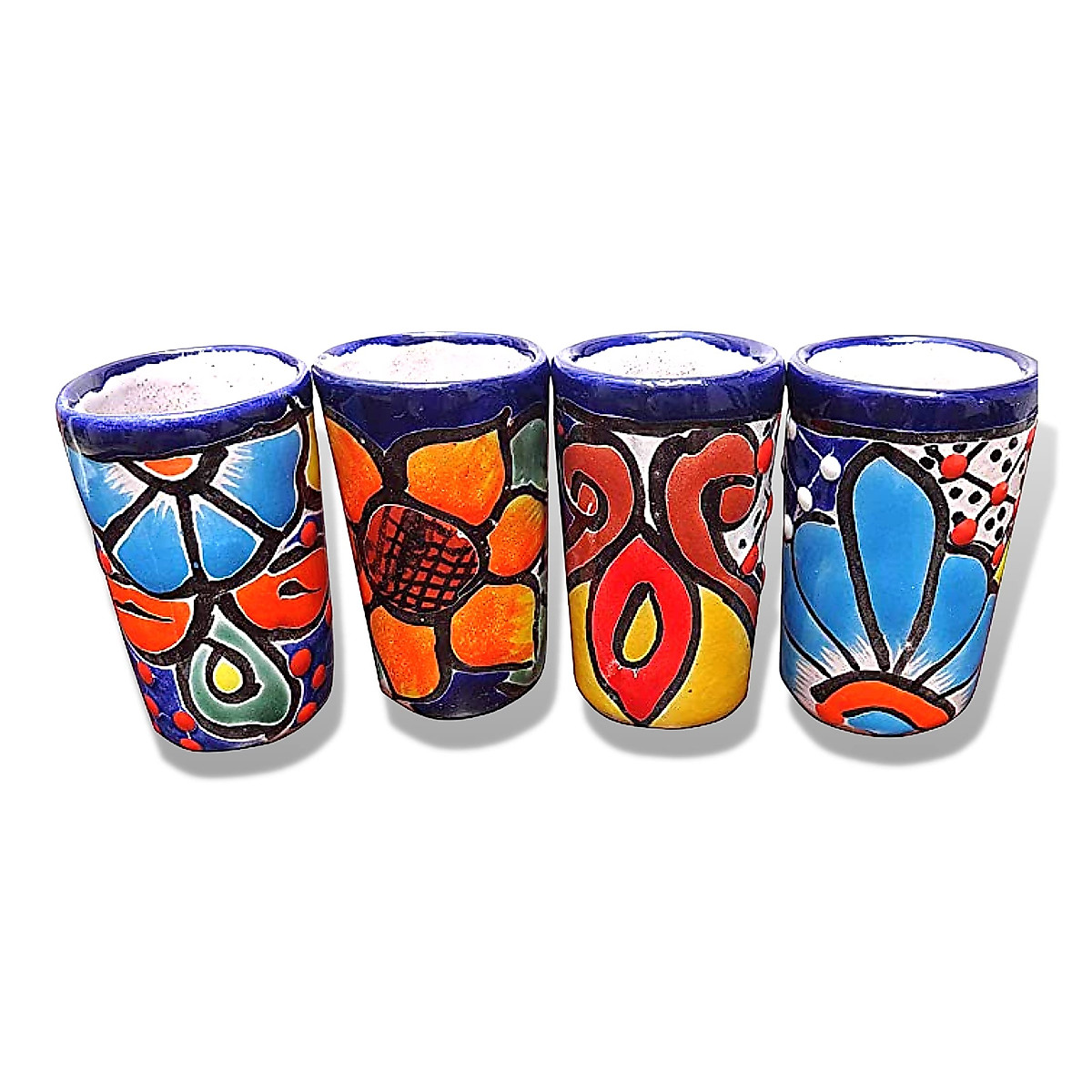 MEXTEQUIL - Talavera Shot Glasses Set of 4 Authentic Mexican Tequila Shot Glasses - Hand-painted - 2 Oz (Flowers)