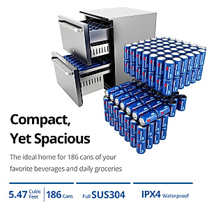 Frostronics 24 Inch Outdoor Drawer Beverage Refrigerator, 186 Can Outdoor Drawer Beverage Cooler with Dual Mode Lock, 5.47 cu. ft. Drawer Refrigerator for Patio, 26-50°F, SUS304, ETL & NSF7 Certified