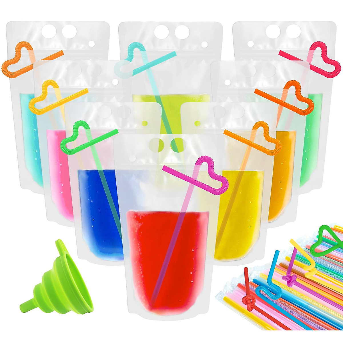 Ozera Drink Pouches, 100 Pcs Plastic Pouches with Straws Funnel, Reusable Clear Juice Pouches for Adults Fit Smoothie Ice Drink Fruit, Nuts, Coffee and Candy