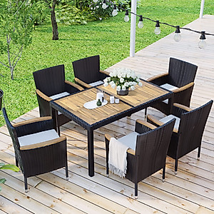 LZ LEISURE ZONE Patio Furniture Set, 7 Piece Outdoor Dining Table Set, Wicker Rattan Dining Table and Chairs Set, Patio Conversation Set with Cushions, Brown+Beige