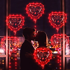 Red Heart Light Up Balloons, 6 Pack 20 Inches BoBo Bubble Transparent Helium Balloons with 10 Feet LED String Lights for Valentines Wedding Party Decoration (Red)