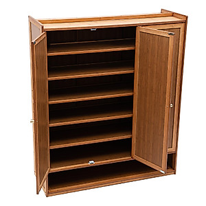 LOHISHILO 8 TiersShoe Storage Cabinet with Shutter Doors, 3-Door Bamboo Shoe Cabinet,Shoe Organizer, Large Capacity, Modern Sneaker Storage Rack for Hallway, Bedroom,Kitchen, Living Room, Brown