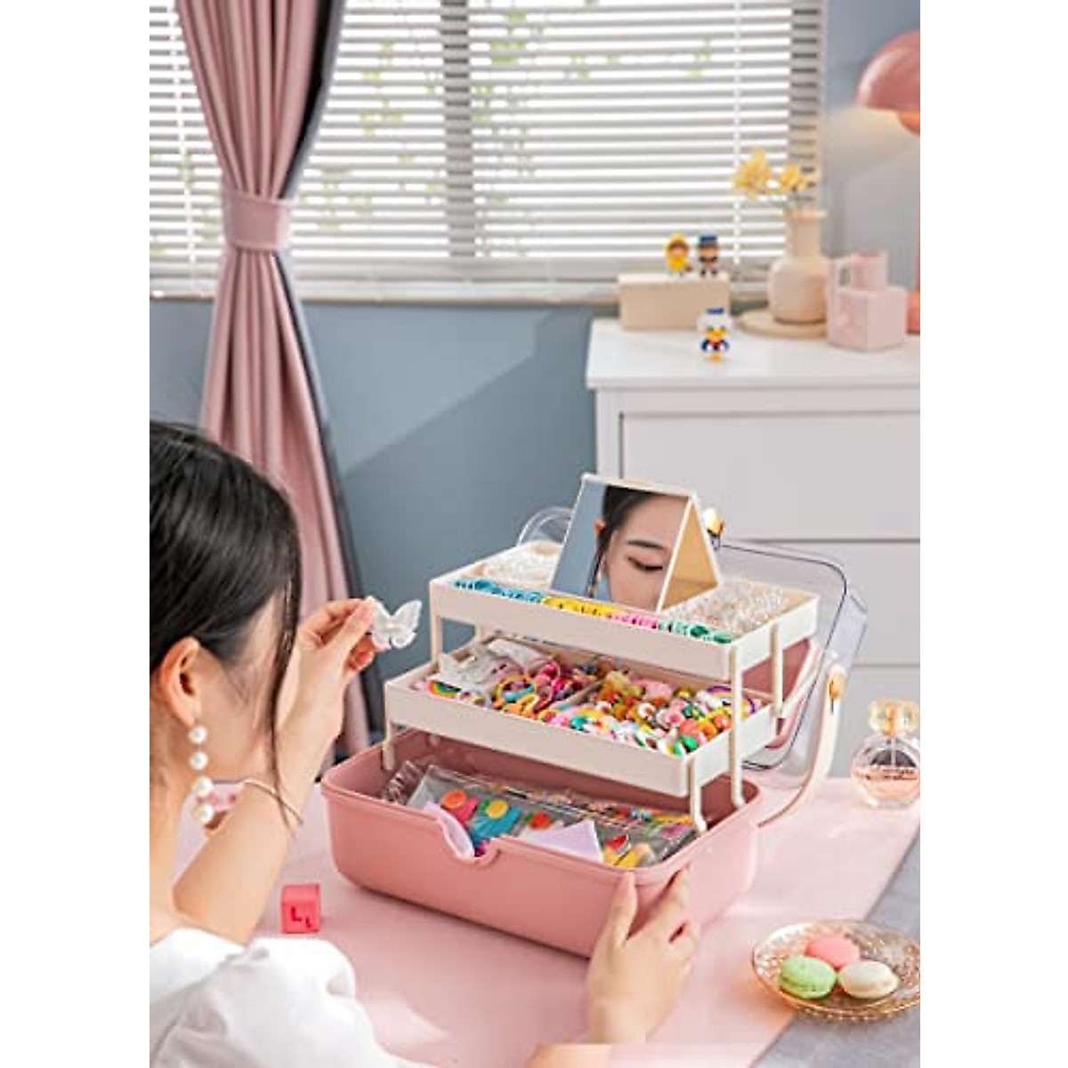 Genérico Organizer Box, Multipurpose Organizer, plastic box to organize, with mirror, 2 layers to organize, all kinds of accessories. (Pink) BBC252501BC