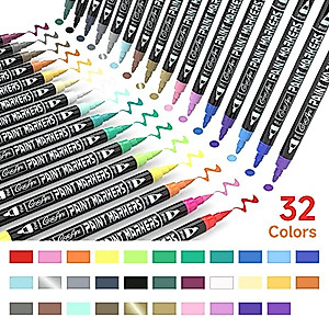 32 Colors Paint Markers, Dual Tip Acrylic Paint Pens for Wood, Canvas, Glass, Ceramic, Fabric,Rock Painting, DIY Crafts Making Art Supplies (Fine Tip and Brush Tip)
