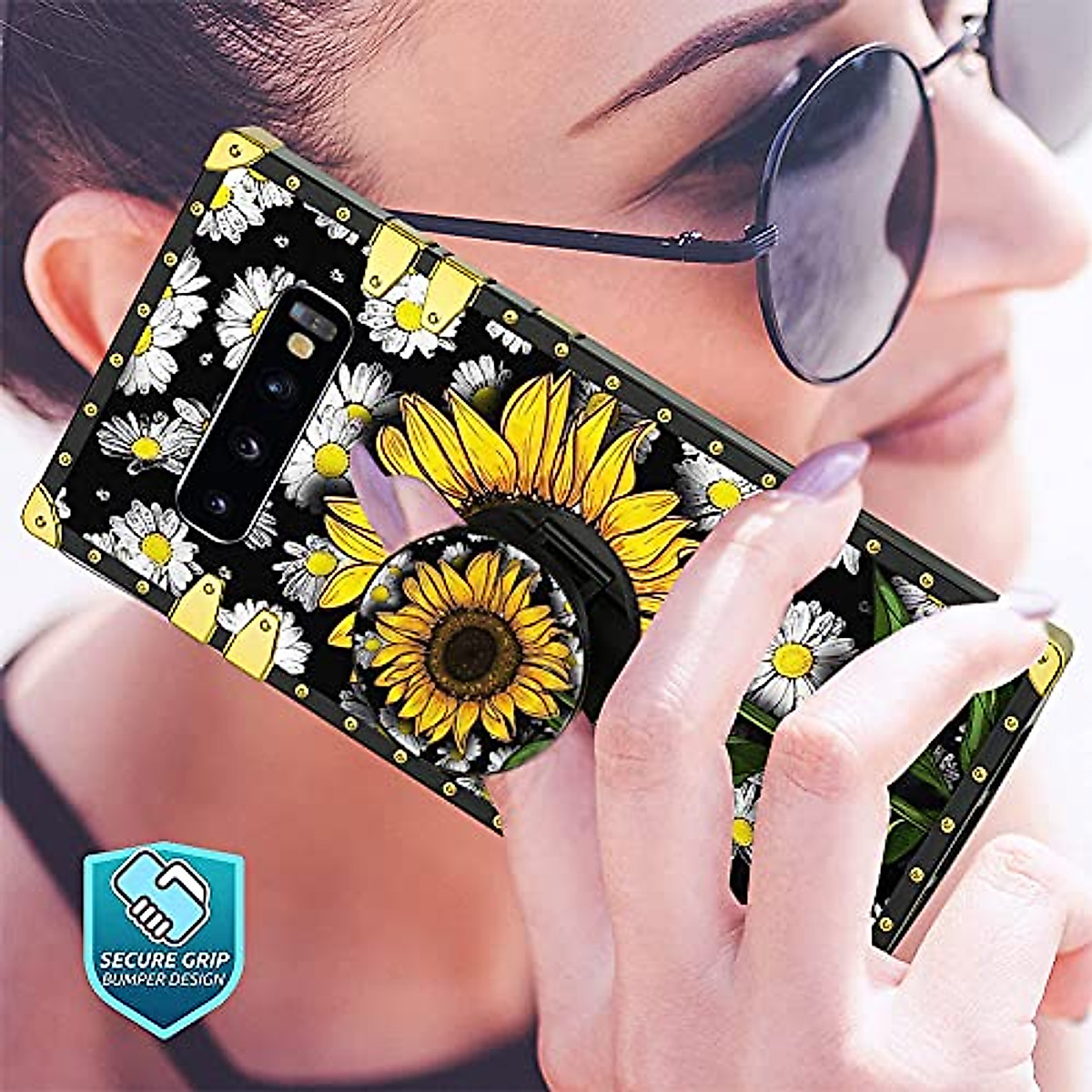 KANGHAR Designed for Samsung Galaxy S10 Plus Case for Women Girls Sunflower with Screen Protector Lanyard Strap Ring Holder Kickstand Flower Floral Daisy Square Grip Stand Phone Bumper 6.4"