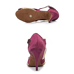 URVIP Women's Satin High-Heel Ballroom Pumps Modern Latin Tango Shoes Cross Ankle Strap Buckle Dance Shoes LD006 Fuchsia 8 B(M) US