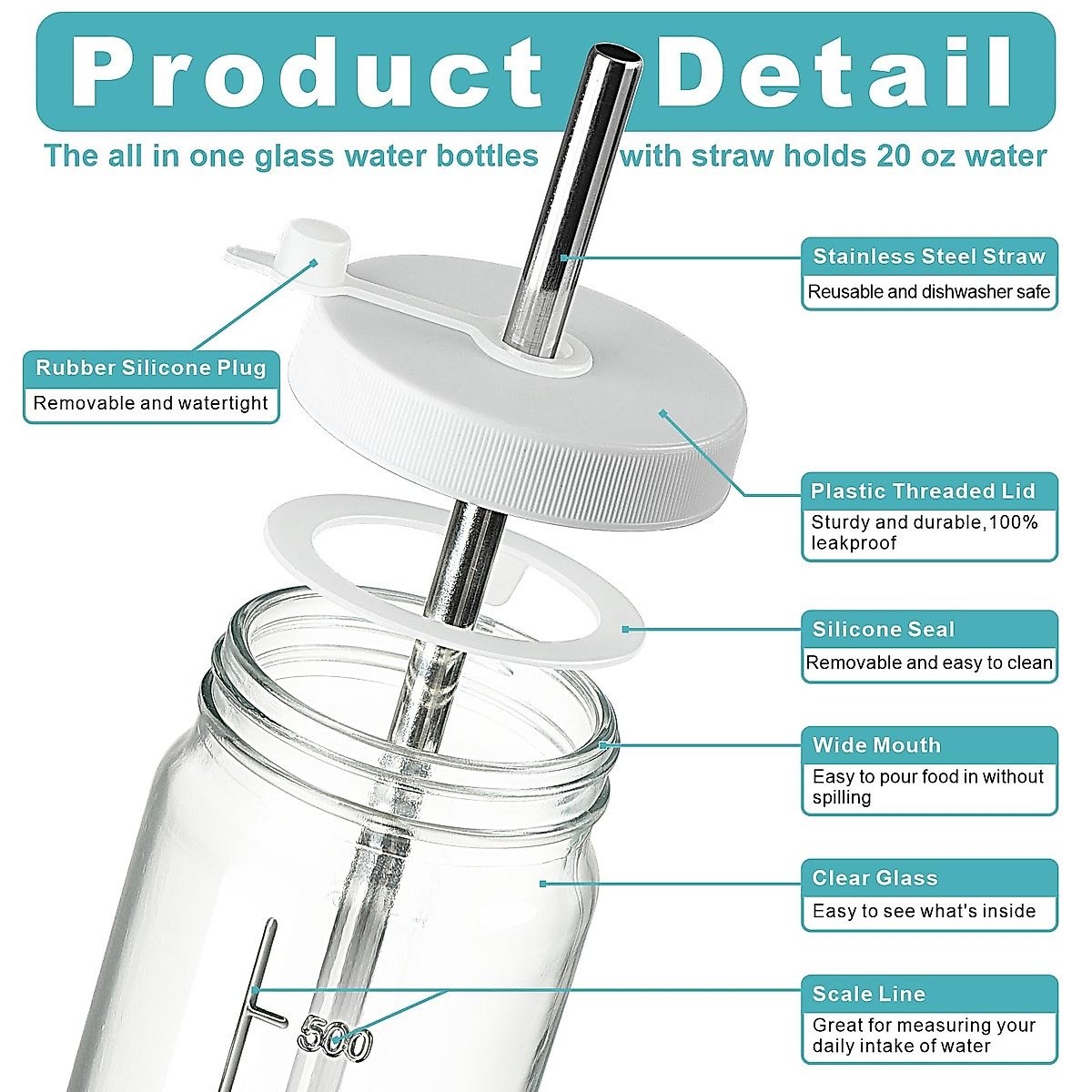 Ritayedet 8 Pack 20 Oz Glass Juicing Bottles w 8 BK SCREW Lids(100% Airtight Sturdy Lid w Silicone) & 4 WH SCREW Lids w Hole & 4 Straws - Drinking Jars, Travel Water Cups