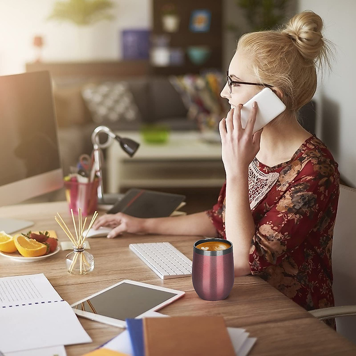 ATUCOLOS 12oz/4 Pack Wine Tumbler Glasses with Lid Stemless Double Wall Vacuum Stainless Steel Travel Tumbler Keeping Cold & Hot for Wine,Coffee,Cocktails,Drinks-Family and Gifts(Multicolor,Set of 4)