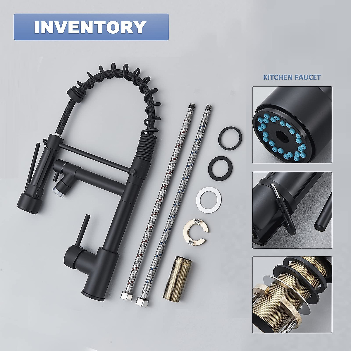 NeierThodore Kitchen Faucet with LED,Stainless Steel Single Handle Single Hole Kitchen Sink Faucet with Pull Down Sprayer,Spring Matte Black Kitchen Faucets