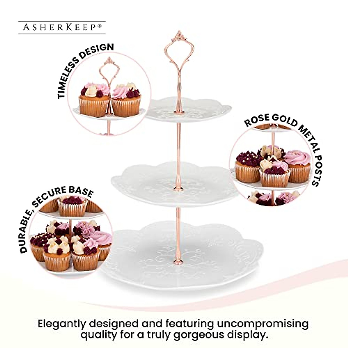 AsherKeep 3 Tier Cupcake Stand - Dessert Table Display Set, Tiered Serving Cake Tray, White Embossed Dessert Stand, Parties Serving Plate, Decorative Centerpiece to Any Occasion - (Round)