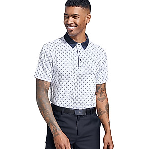 Men's Performance Dry Fit Golf Shirt, Quick-Dry Short Sleeve Polo, Moisture Wicking Navy/White L