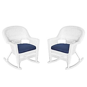 Jeco Rocker Wicker Chair with Blue Cushion, Set of 2, White