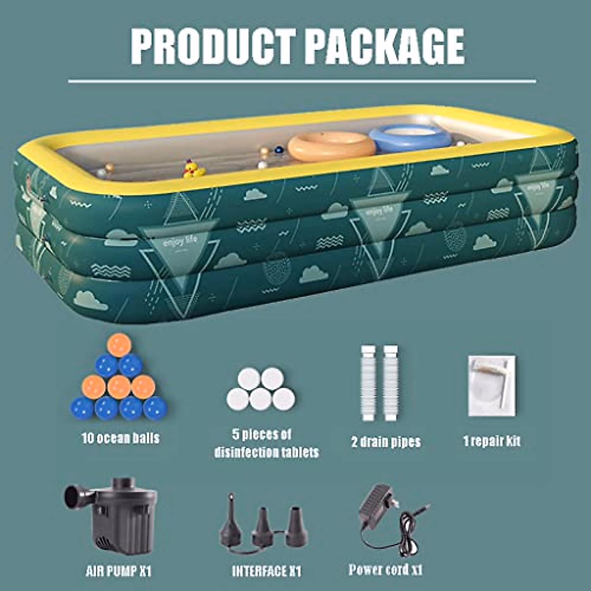 QMMD Paddling Pools for Kids,3-Ring Inflatable Paddling Pools Family Pool,Paddling Pool Large 59X40X21inch, Easy Set Rectangular Pool Adult Bath Tub with Electric Pump for Kids Water Party Garden