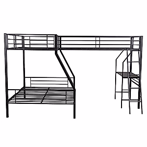 JJRY L-Shaped Metal Twin Over Full Bunk Bed with A Twin Size Loft Bed Attached A Desk and Two Inclined Ladders, Black