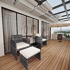 LHBcraft 6 Piece Patio Furniture Conversation Set with Ottoman, Outdoor Black&Grey Wicker Chair and Table Set with Beige Cushion, Balcony Furniture for Apartments (Black)