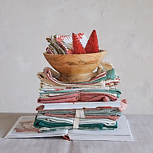 Creative Co-Op 28' L x 18' W Cotton Printed Tea Towels w/Stripes & Jute & Wood Bead Tie, Multi Color, Set of 2