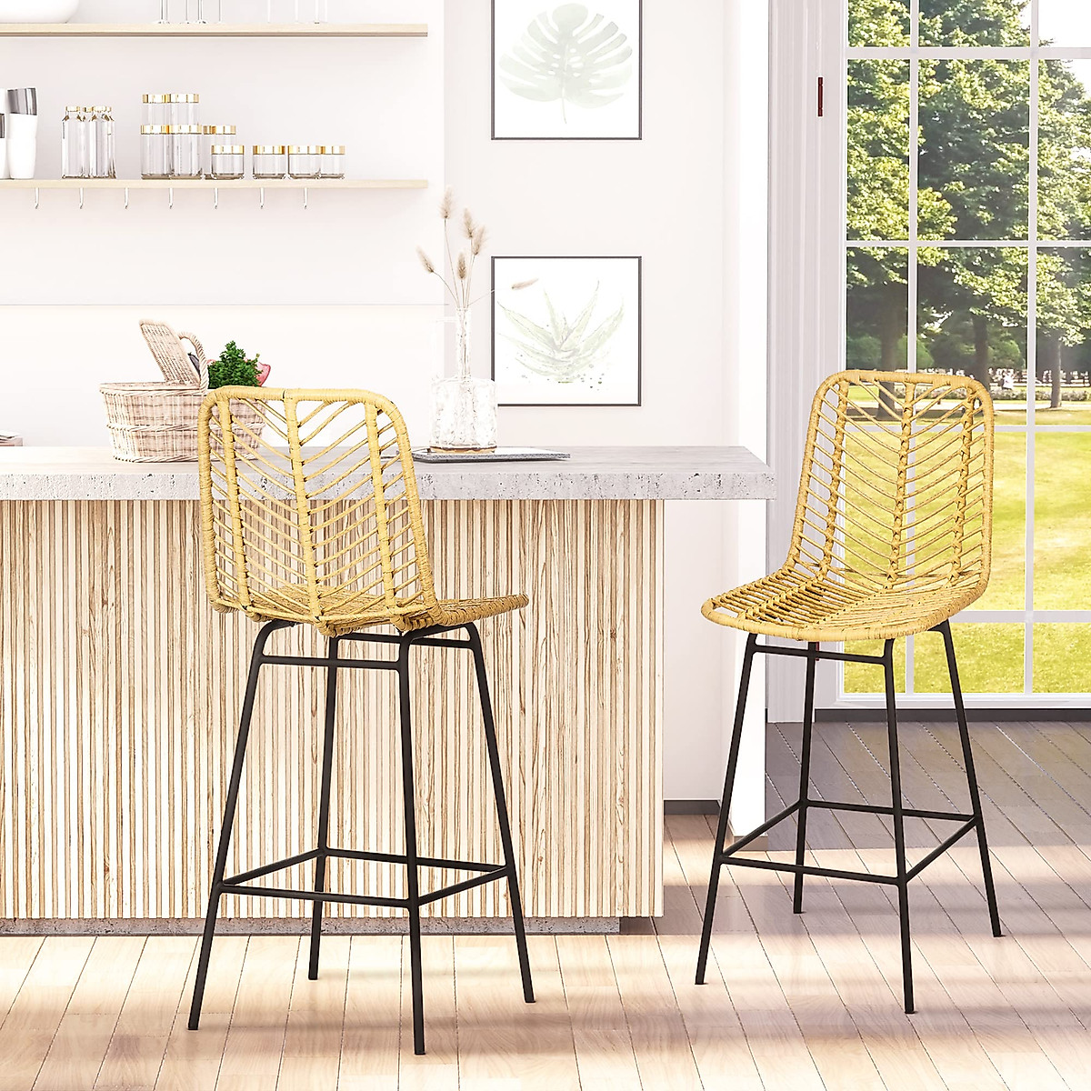 HOMCOM Modern Rattan Bar Stools, Breathable Steel-Base Wicker Counter Height Barstools for Kitchen Counter, Set of 2, Yellow