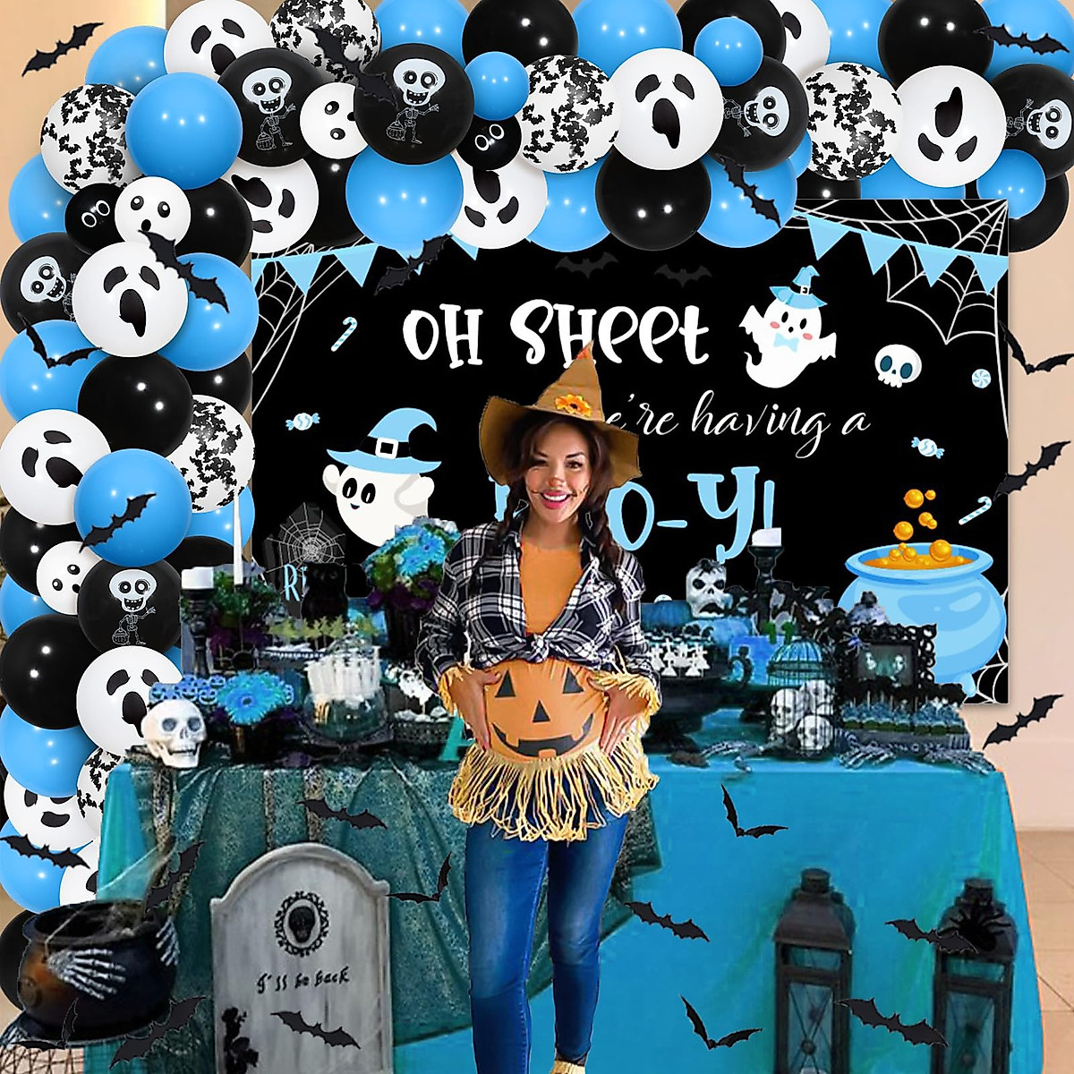 JOYMEMO Halloween Baby Shower Decorations Blue - Oh Sheet We're Having a Boo-y Backdrop, Halloween Balloon Garland Arch Kit with 3D Bat Stickers for Pregnancy Celebration Gender Reveal Party Supplies