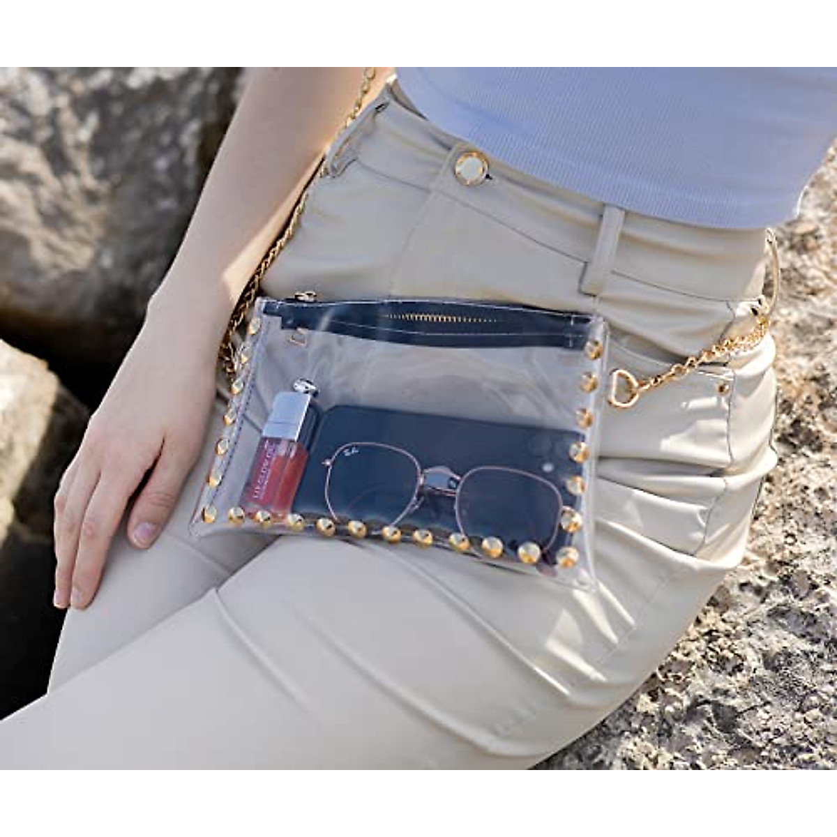 Y&R Direct Rivets Clear Bag Clear Purse Clutch Removable Chain Strap Concert Venues Stadium Approved PVC